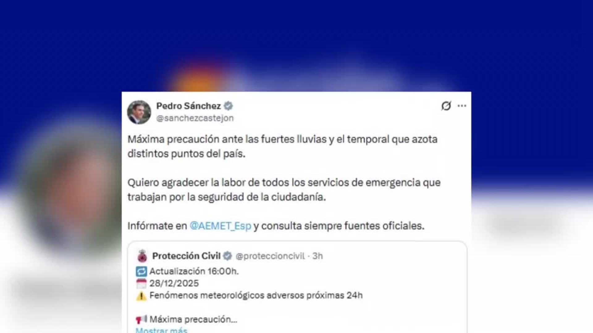 Sánchez pide a los ciudadanos "máxima precaución" ante el temporal